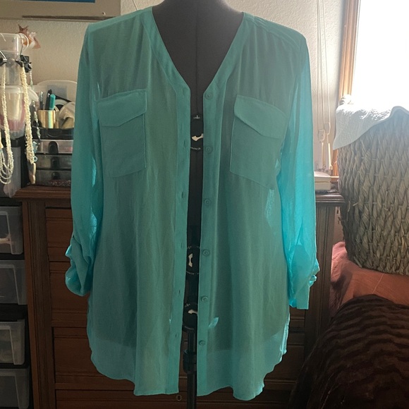 Chico's | Tops | Chicos Aqua Tiffany Blue Sheer Roll Sleeve Blouse ...